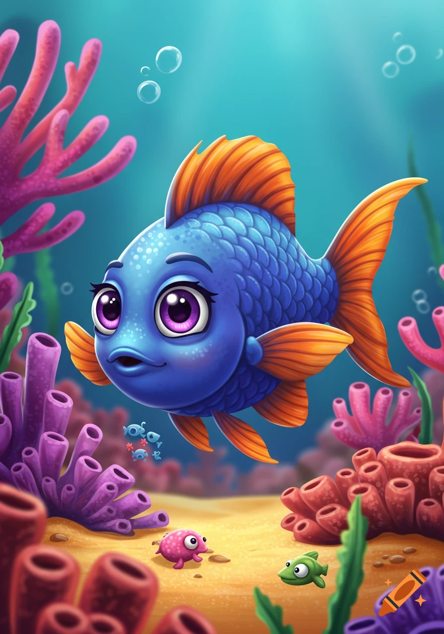 Cartoon blue fish with orange fins and purple eyes in an underwater ...