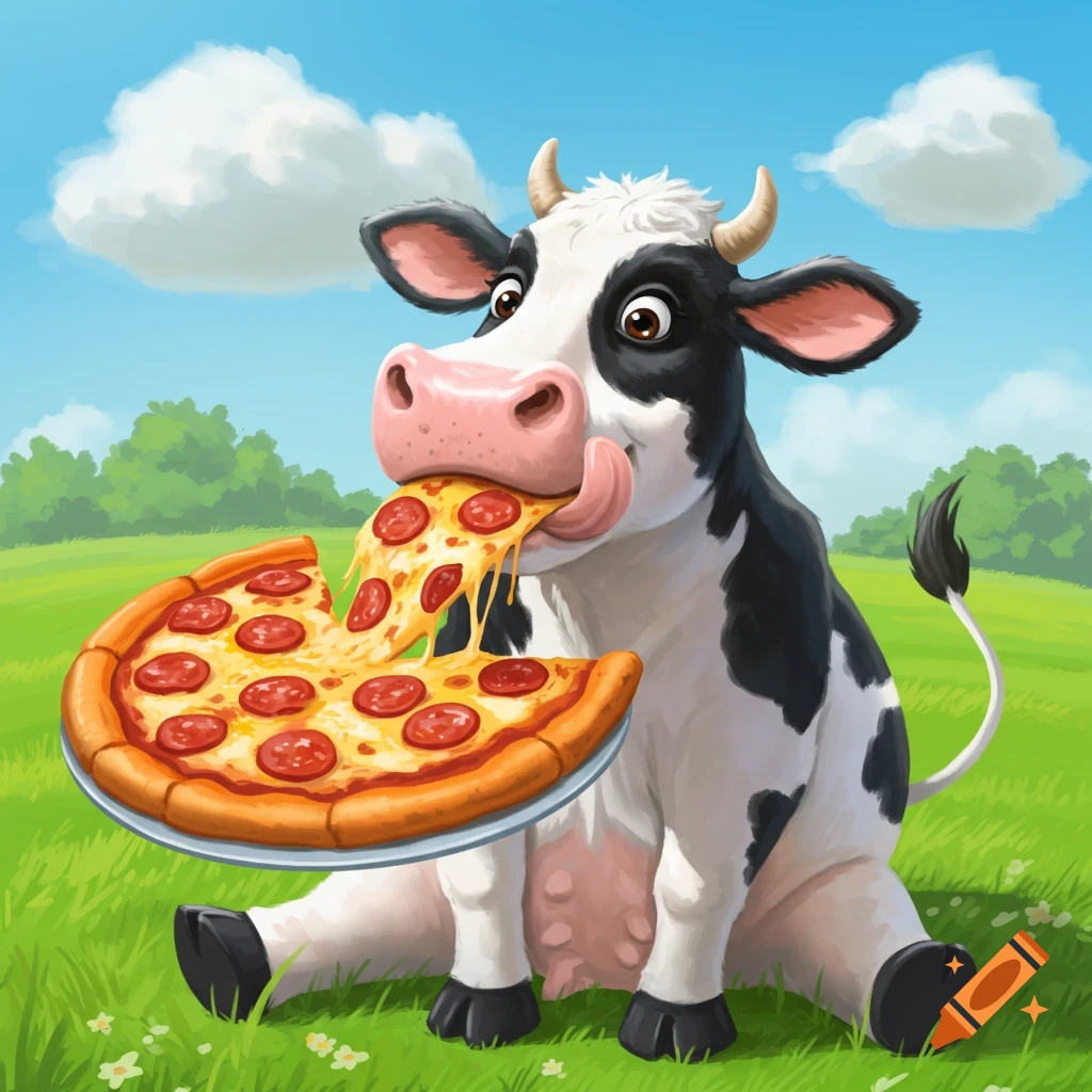 Cartoon cow sitting in a field eating a slice of pepperoni pizza on Craiyon