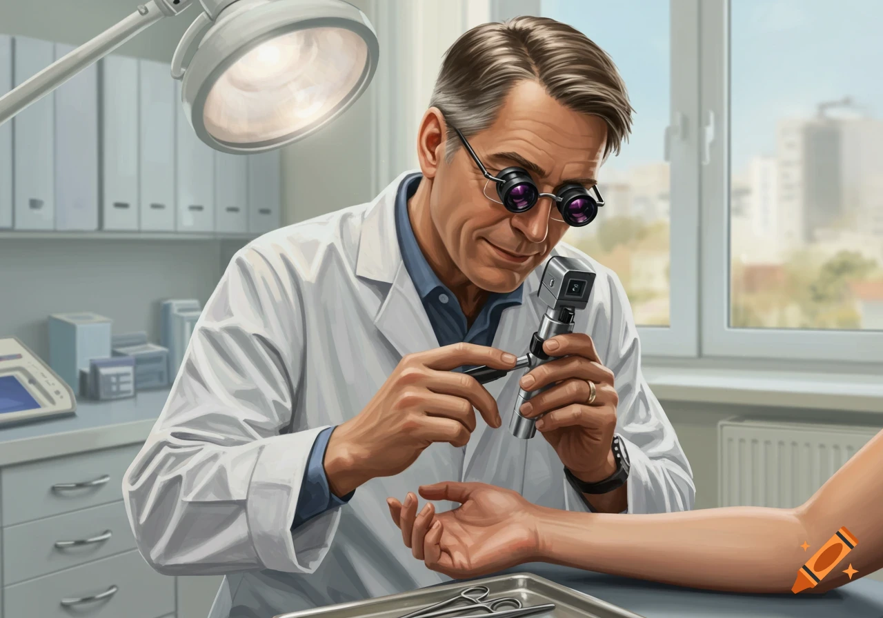 Digital painting of a dermatologist in a white coat examining a patient ...