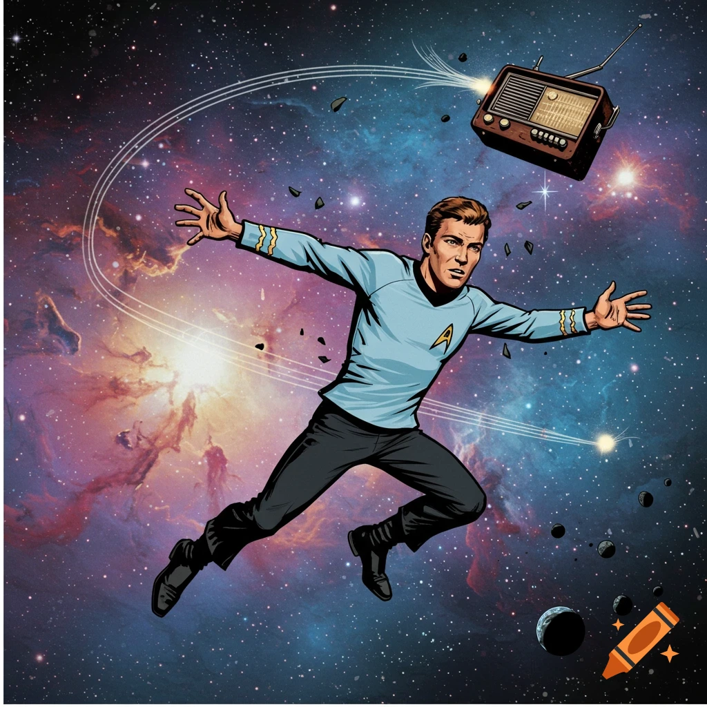 Illustration of Captain Kirk floating in space near a falling radio. on ...