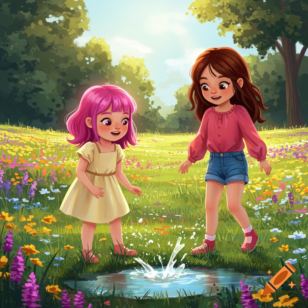 Two young girls playing and splashing in a puddle in a sunny meadow ...