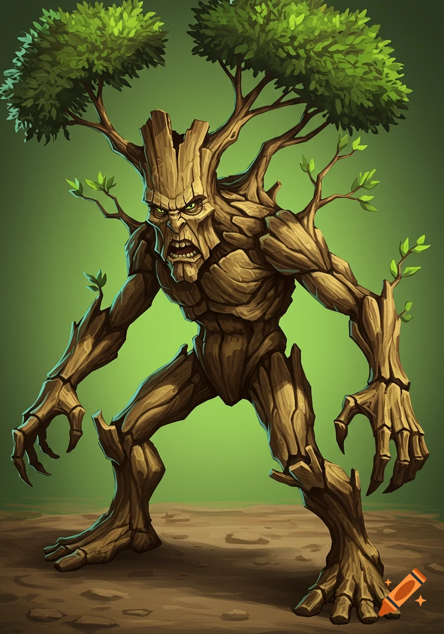 A tree creature with a fierce face and leafy branches stands on dirt ...