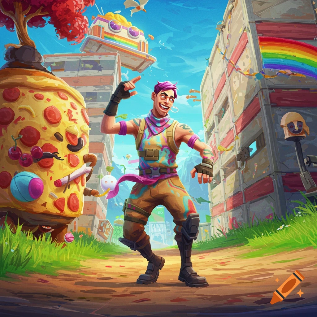 A colorful cartoon image of a character resembling a Fortnite skin ...