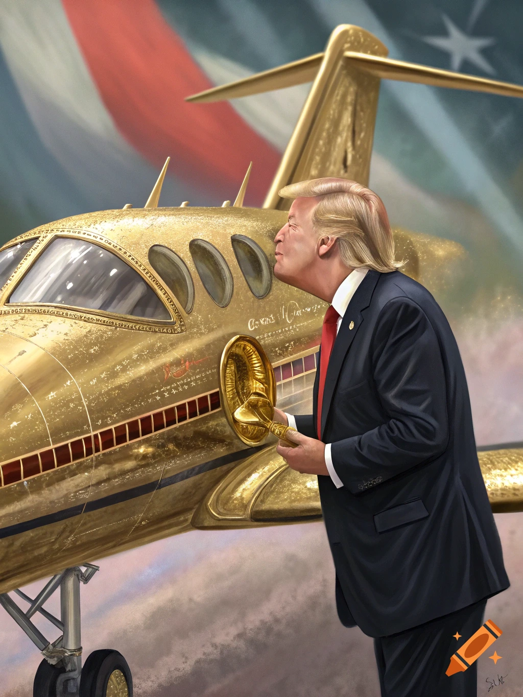 Illustration of Donald Trump kissing a gold jet plane. on Craiyon