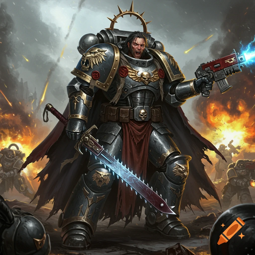 Warhammer 40k Space Marine in power armor with glowing sword and gun in ...