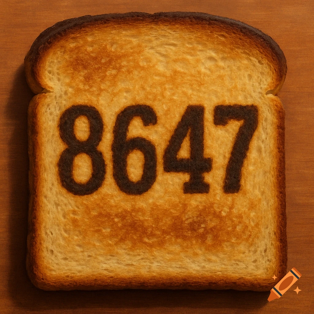 Slice of toast with the number 8647 burned into it. on Craiyon