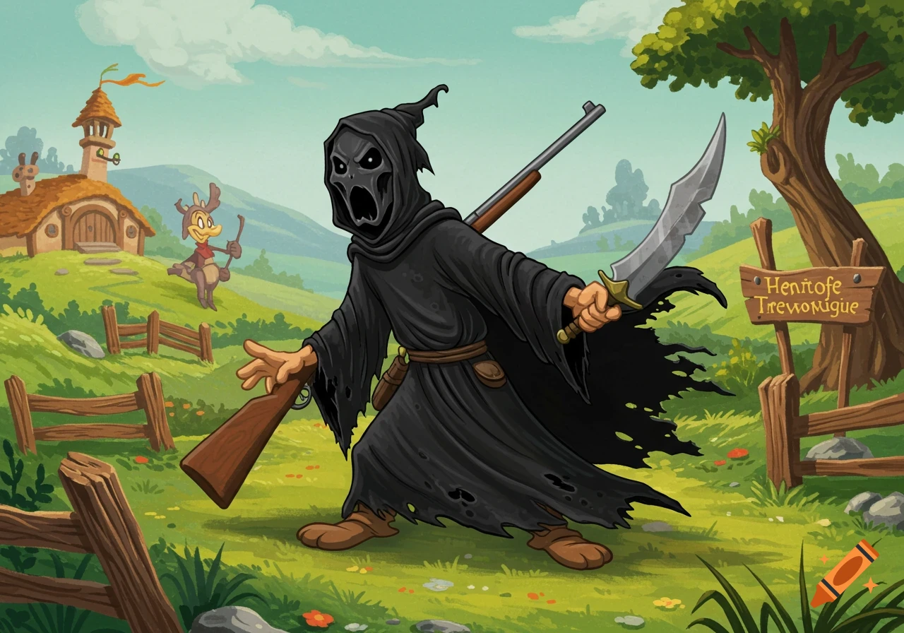Cartoon character dressed as Grim Reaper with rifle and sword in a ...