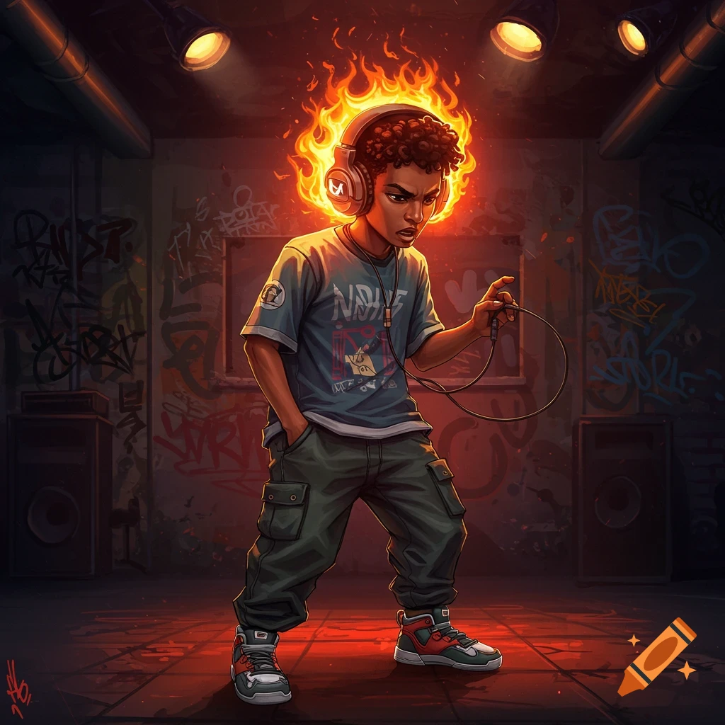 Illustration of a young person with flaming headphones in a graffitied ...