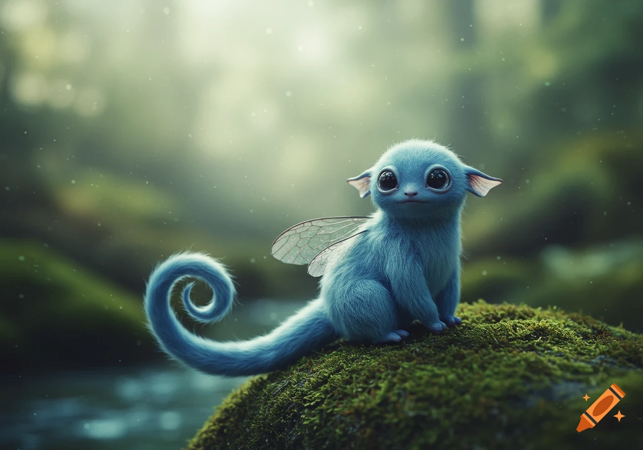 A cute blue fluffy creature with wings and a curled tail sits on a ...