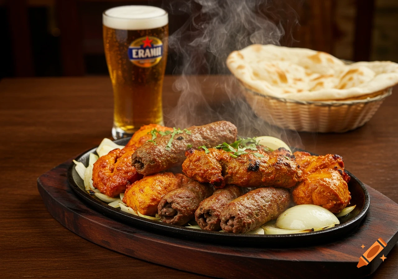 A sizzling plate of Indian mixed grill with chicken and lamb kebabs ...