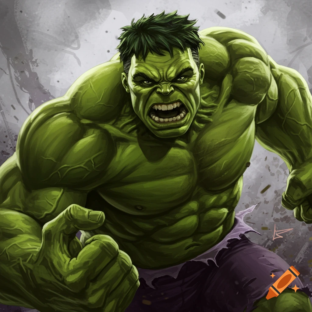 Digital painting of the Hulk roaring, close-up action pose. on Craiyon