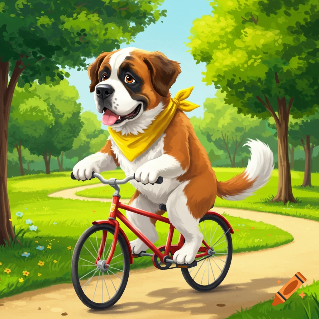 Cartoon Saint Bernard dog rides a red bicycle on a park path in a sunny illustration. on Craiyon