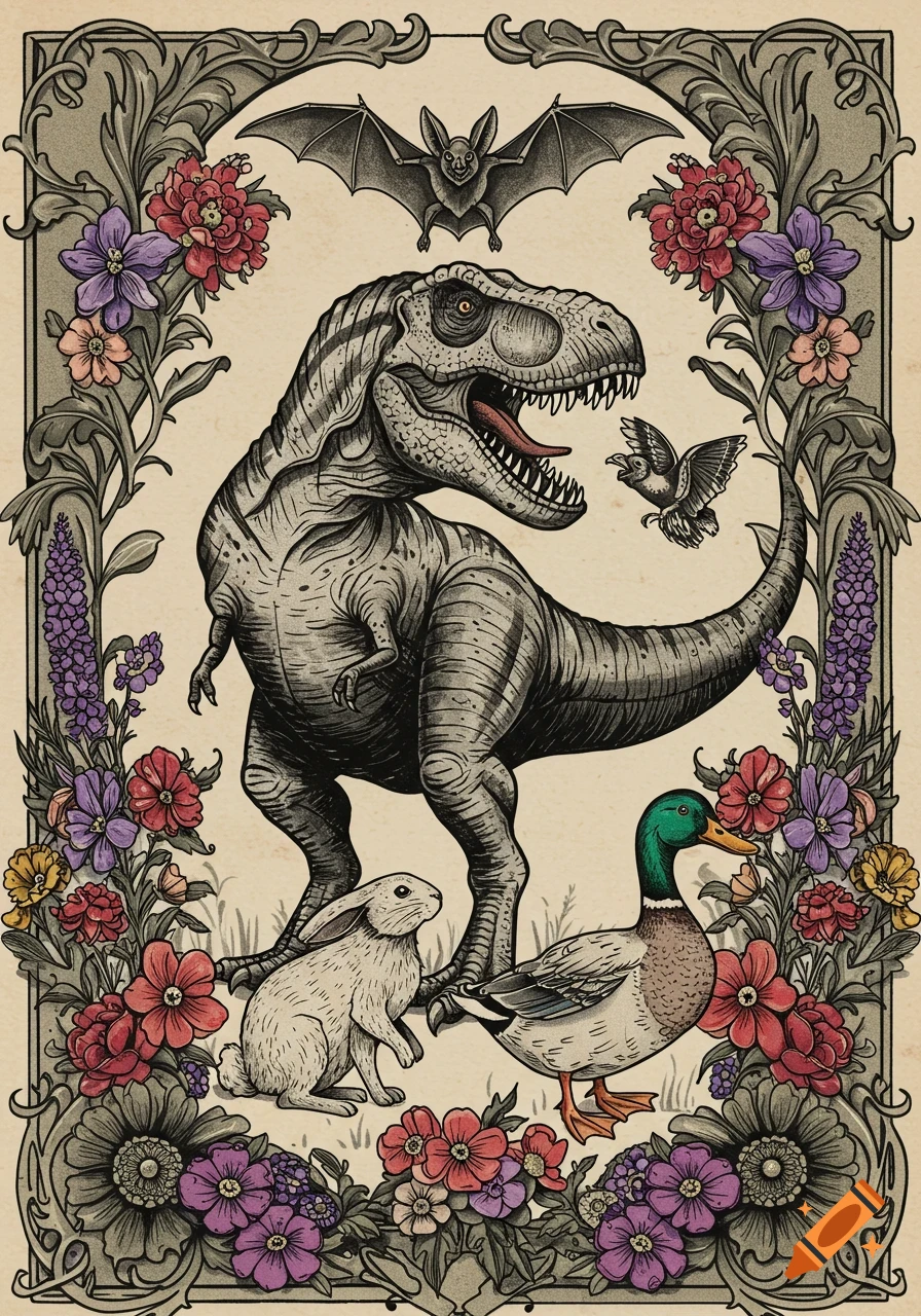Tattoo style illustration of a T-Rex, bat, bunny, and duck surrounded ...