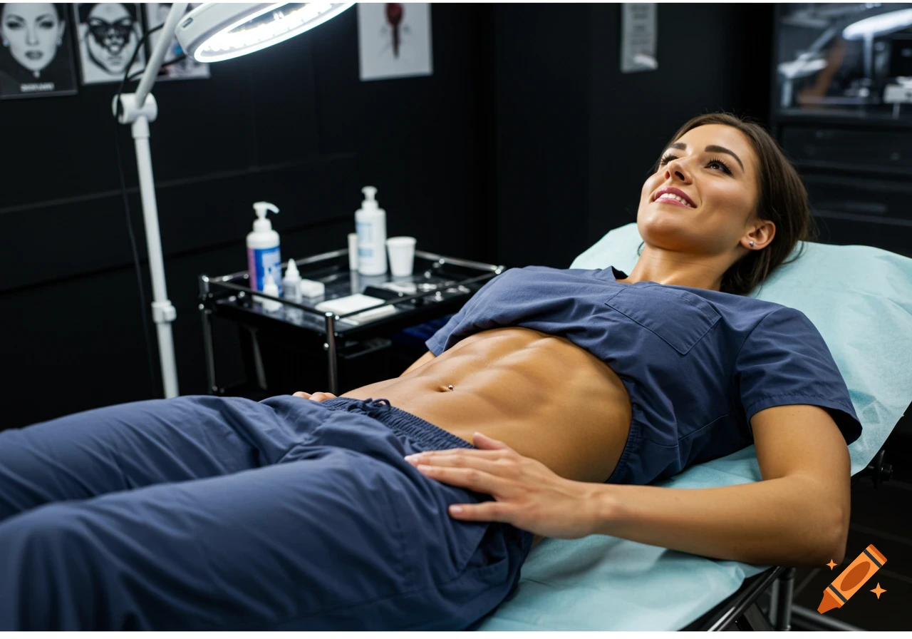 Woman with defined abs lying on a table in a parlor, smiling, about to ...
