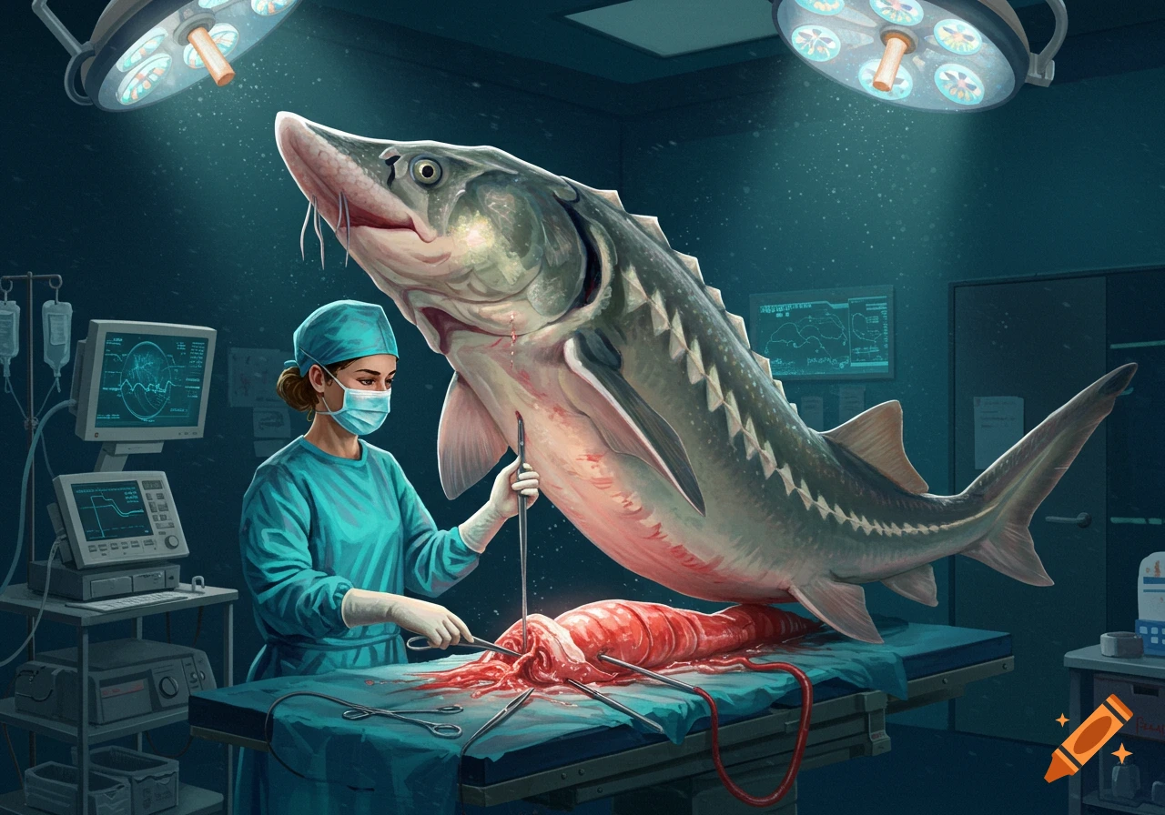A surgeon performs an operation on a large sturgeon fish on an ...