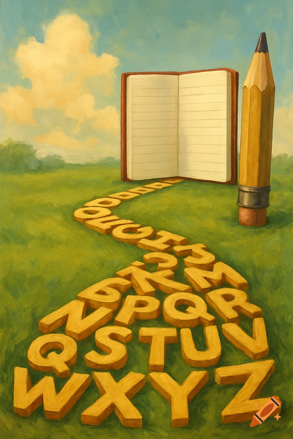 A painterly illustration of a path made of large alphabet letters ...