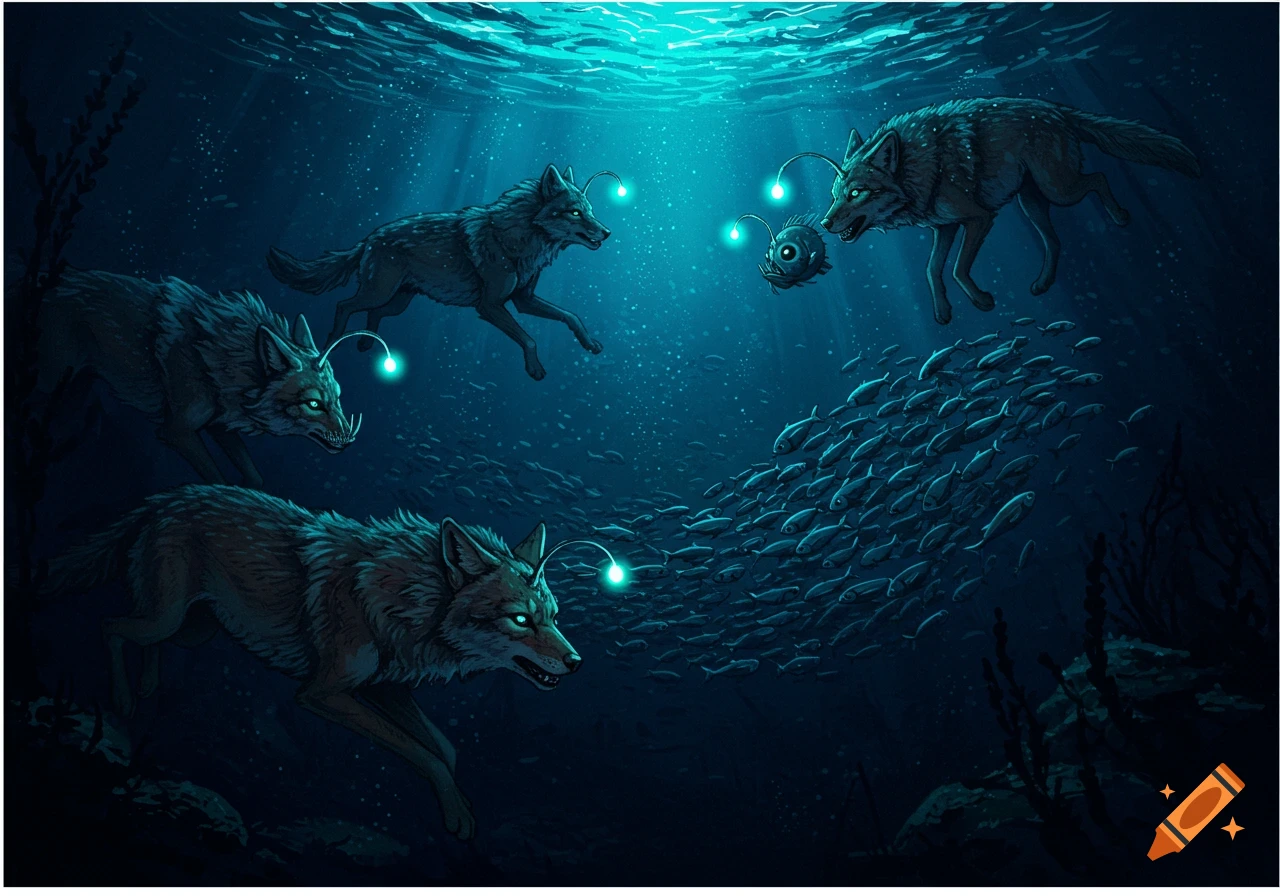 Fantasy coyotes with anglerfish lights on heads hunt a school of fish ...