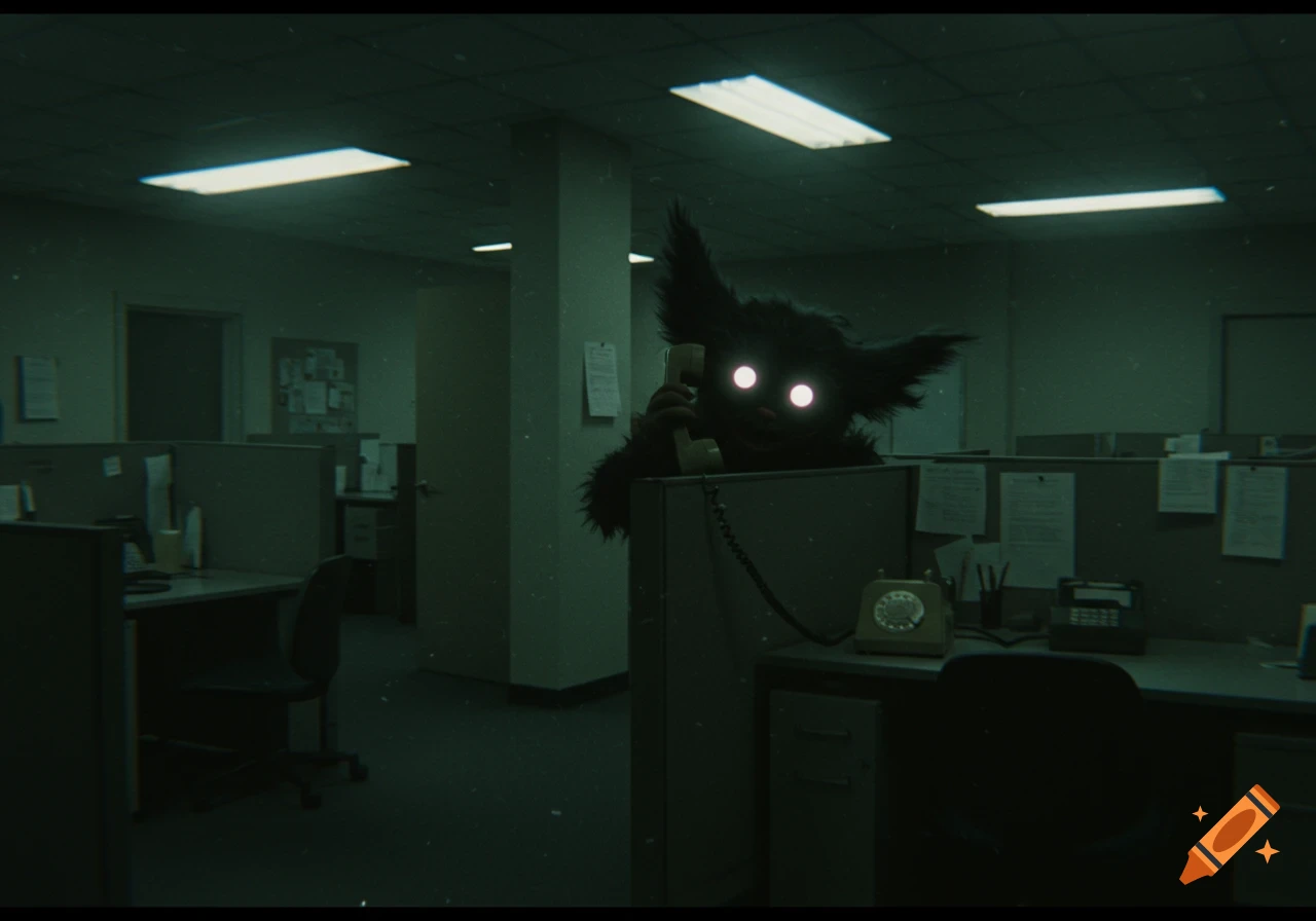 Furry creature with glowing eyes holding a phone in a blurry VHS-style ...