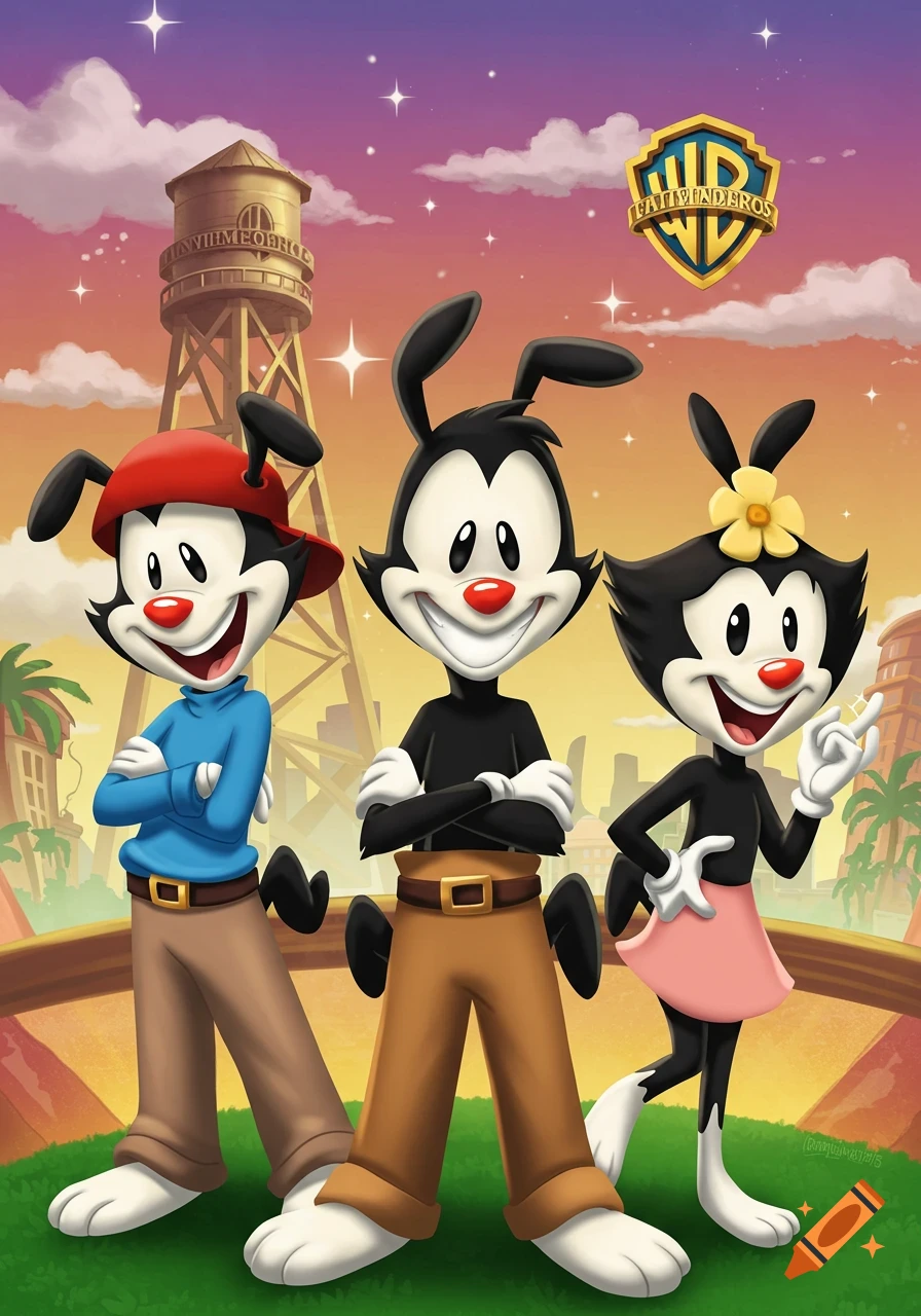 Yakko, Wakko, and Dot from Animaniacs stand smiling in front of the Warner Bros water tower. on ...