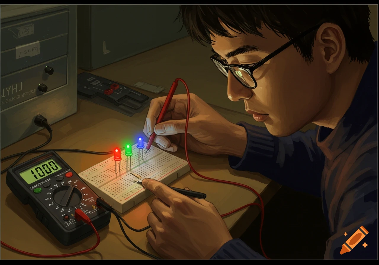 An electrical engineering student tests a breadboard with LEDs using a ...