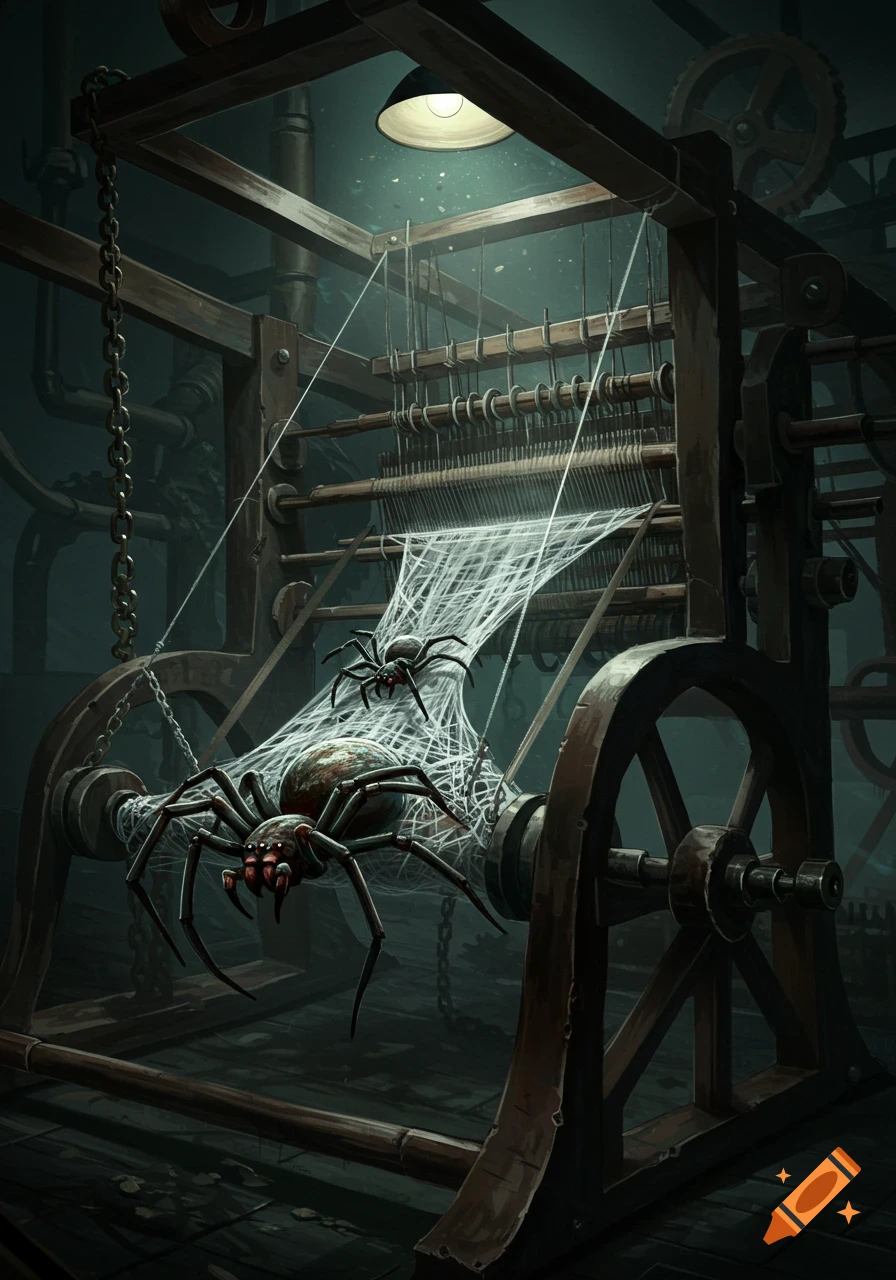 Illustration of large spiders weaving silk on a steampunk-style loom in a dark workshop. on Craiyon