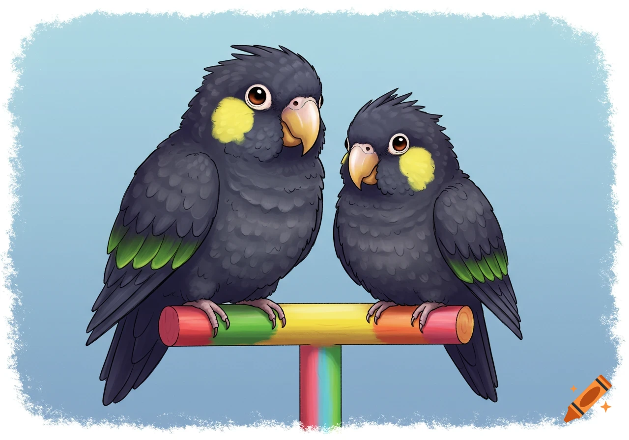 Two cartoon black headed caique parrots with yellow cheeks sit on a ...