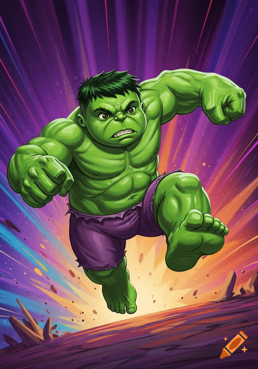 Cartoon drawing of a squat green Hulk wearing purple shorts jumping. on ...