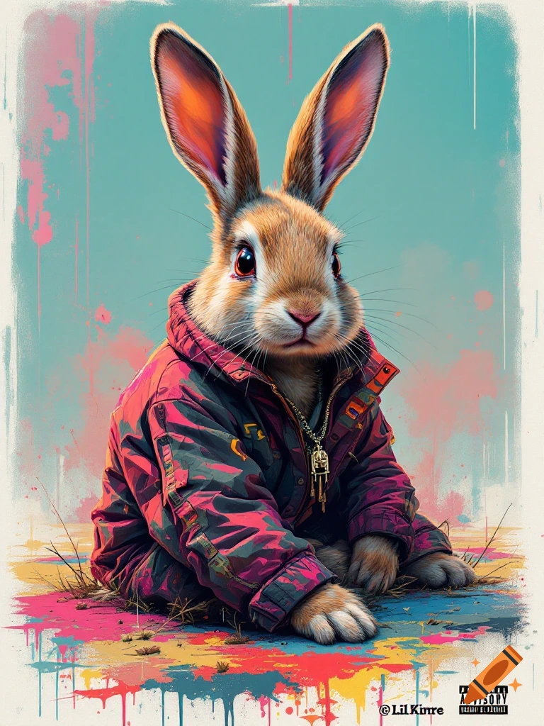 Stylized rabbit in a patterned jacket and necklace sits among paint ...