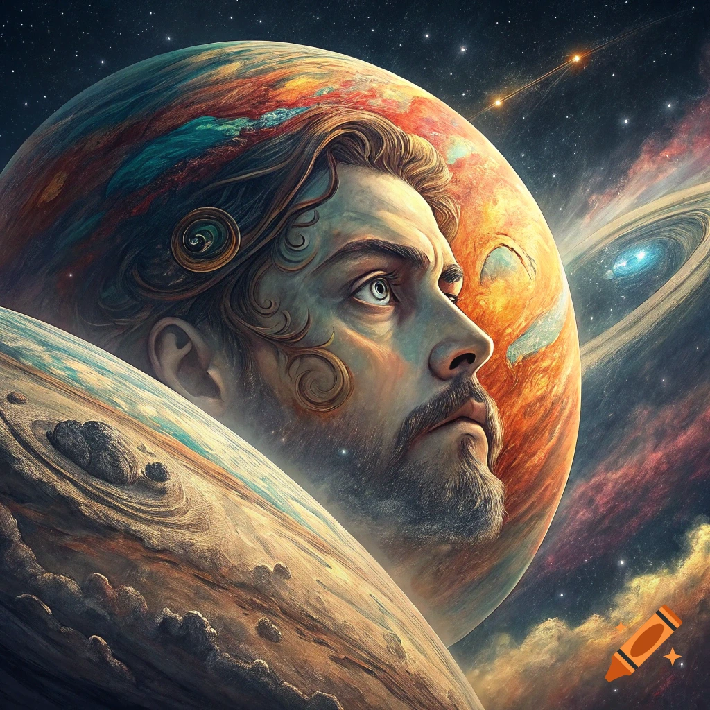 A man's face merged with a giant, colorful planet in deep space with ...