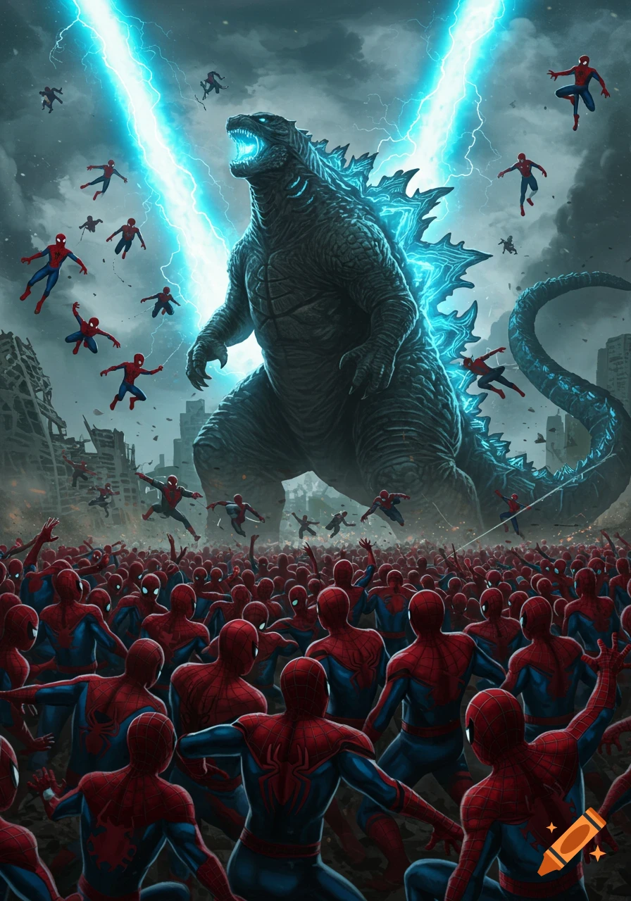 Huge Godzilla battles a crowd of Spider-Men in a ruined city, dynamic ...