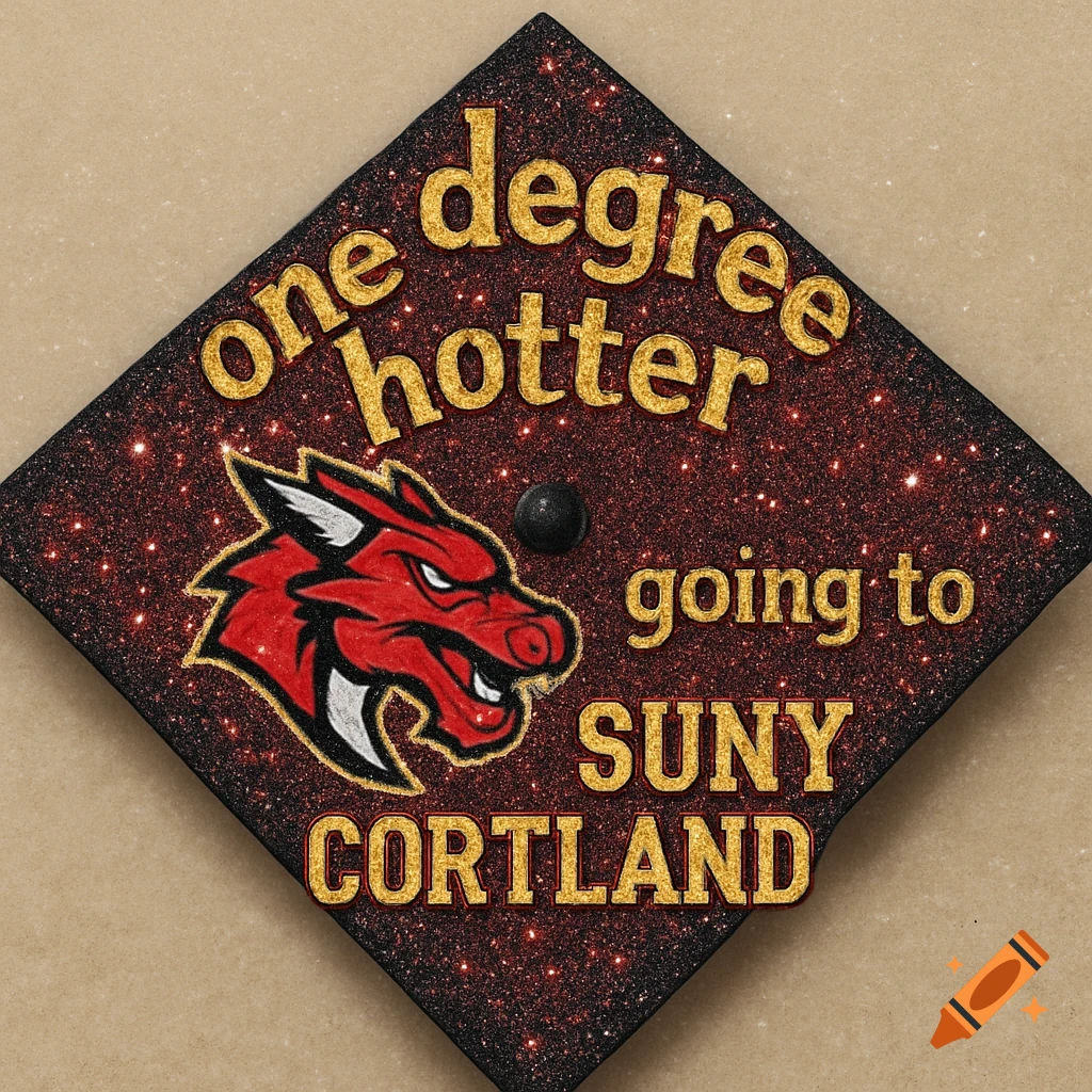 Decorated graduation cap with a red dragon mascot and text saying "one ...