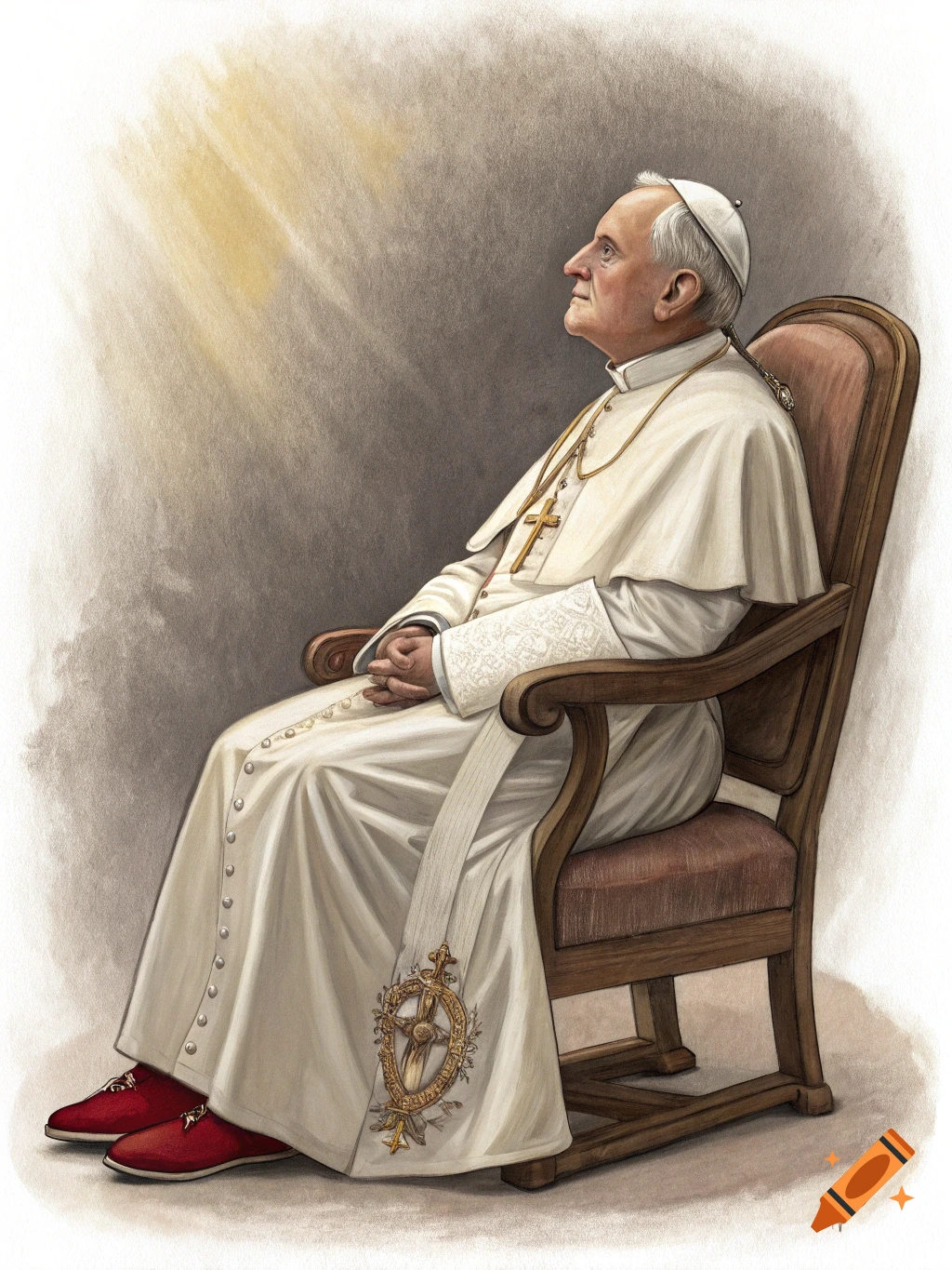Illustration of Pope Pius XIII sitting in a chair, looking up. on Craiyon