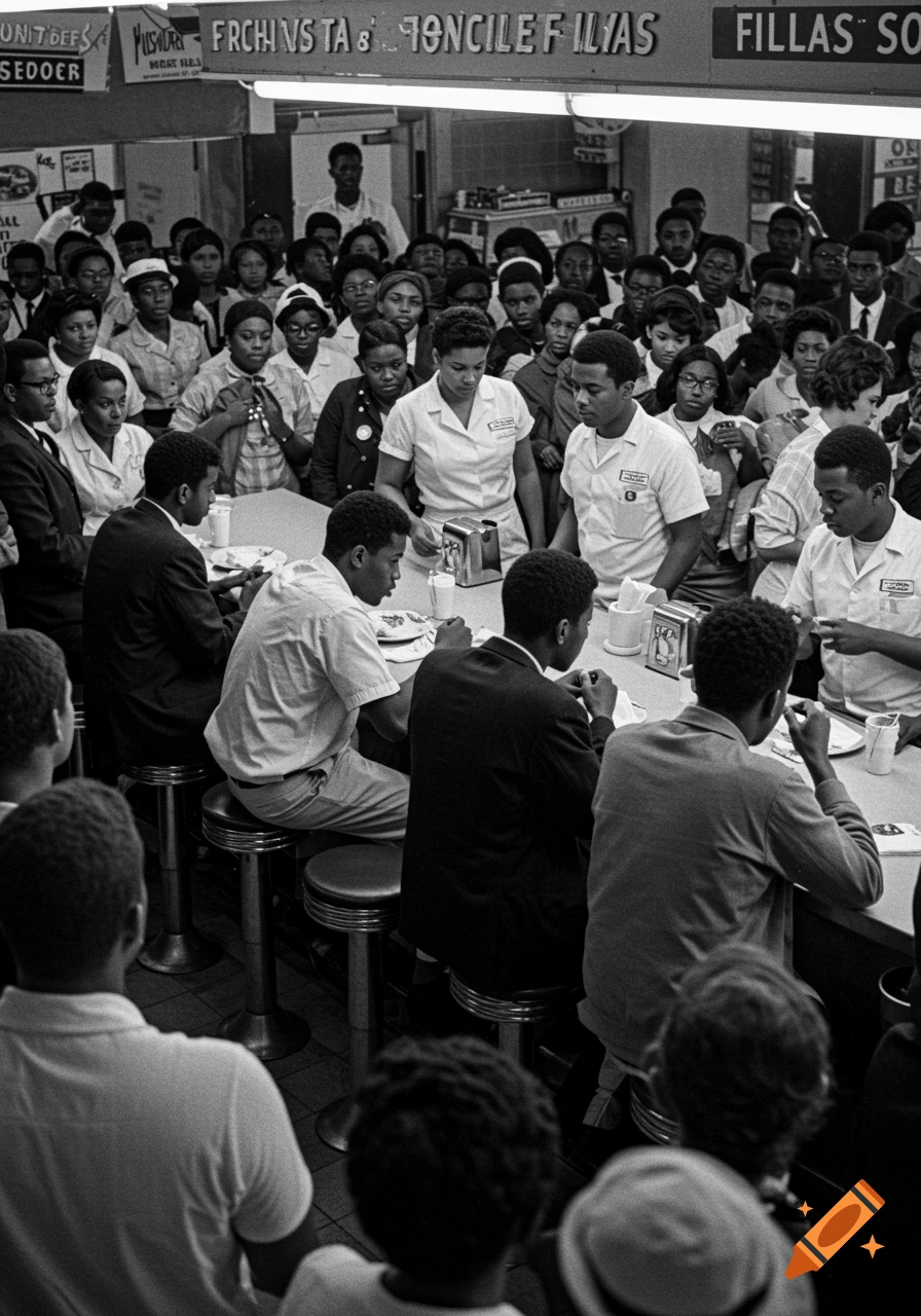Black and white photo of a civil rights sit-in protest in a diner ...