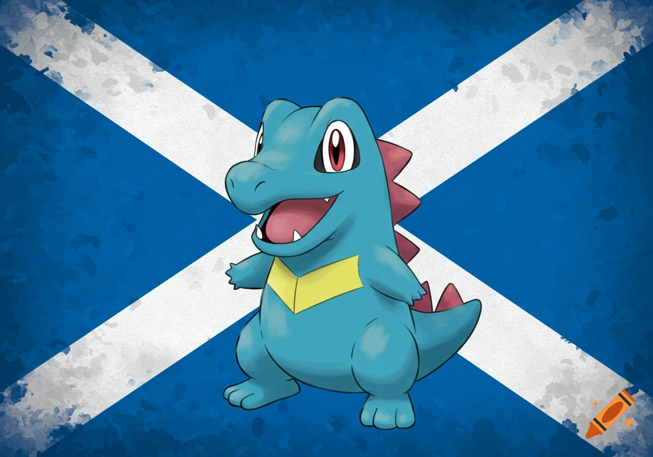 Totodile from Pokemon stands in front of a Scotland flag. on Craiyon