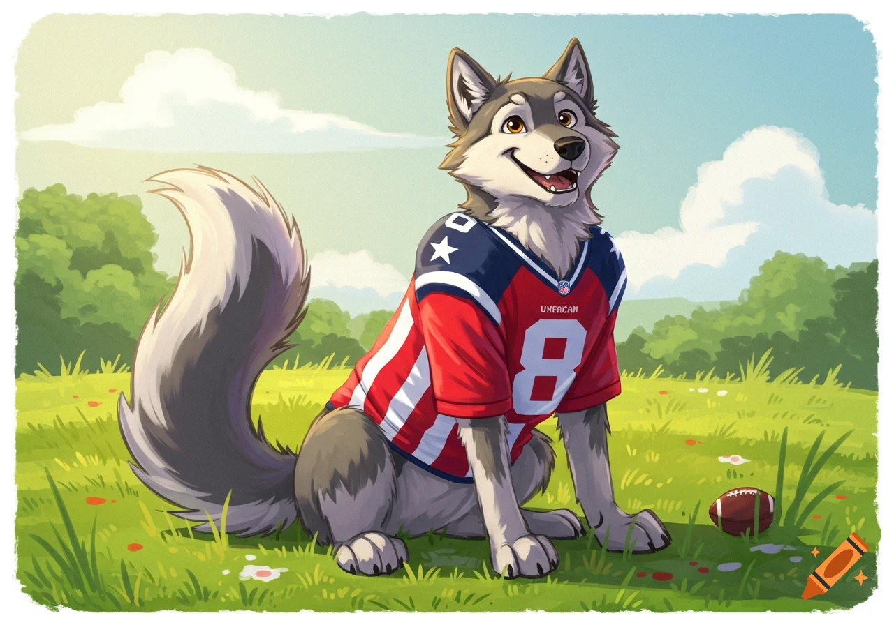 A cartoon wolf wearing a football jersey sits in a grassy field with a ...