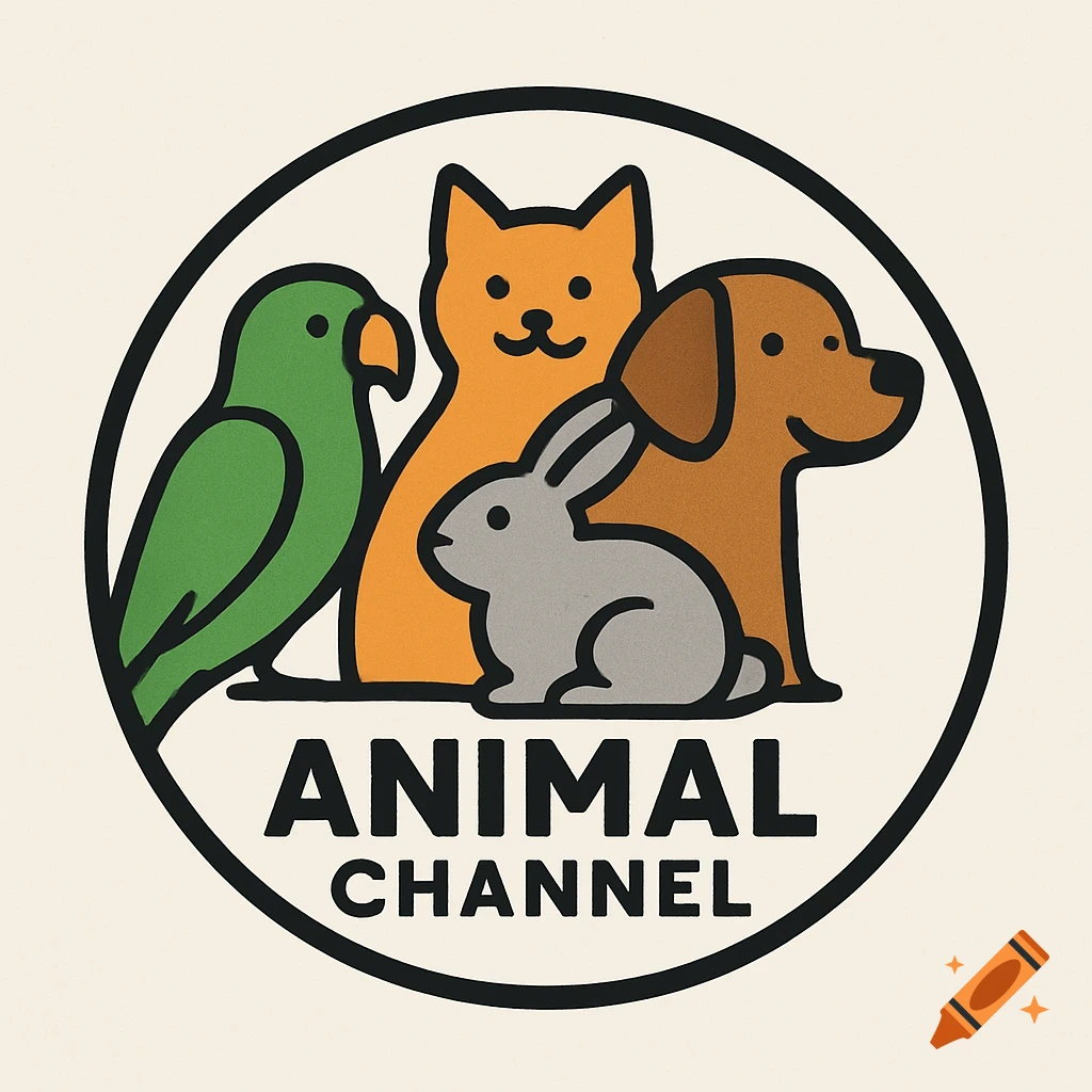 A circular logo featuring an illustration of a parrot, cat, rabbit, and ...