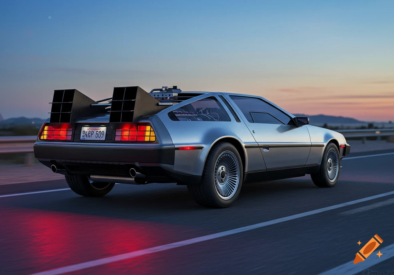 A silver DeLorean car driving on a road at sunset. on Craiyon