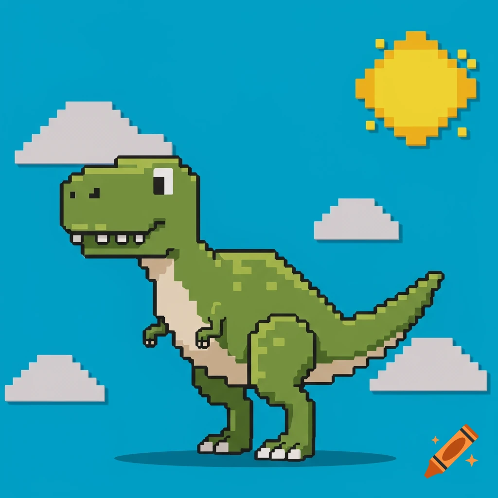 A pixelated green T-Rex stands under a pixelated sun and clouds in an 8 ...