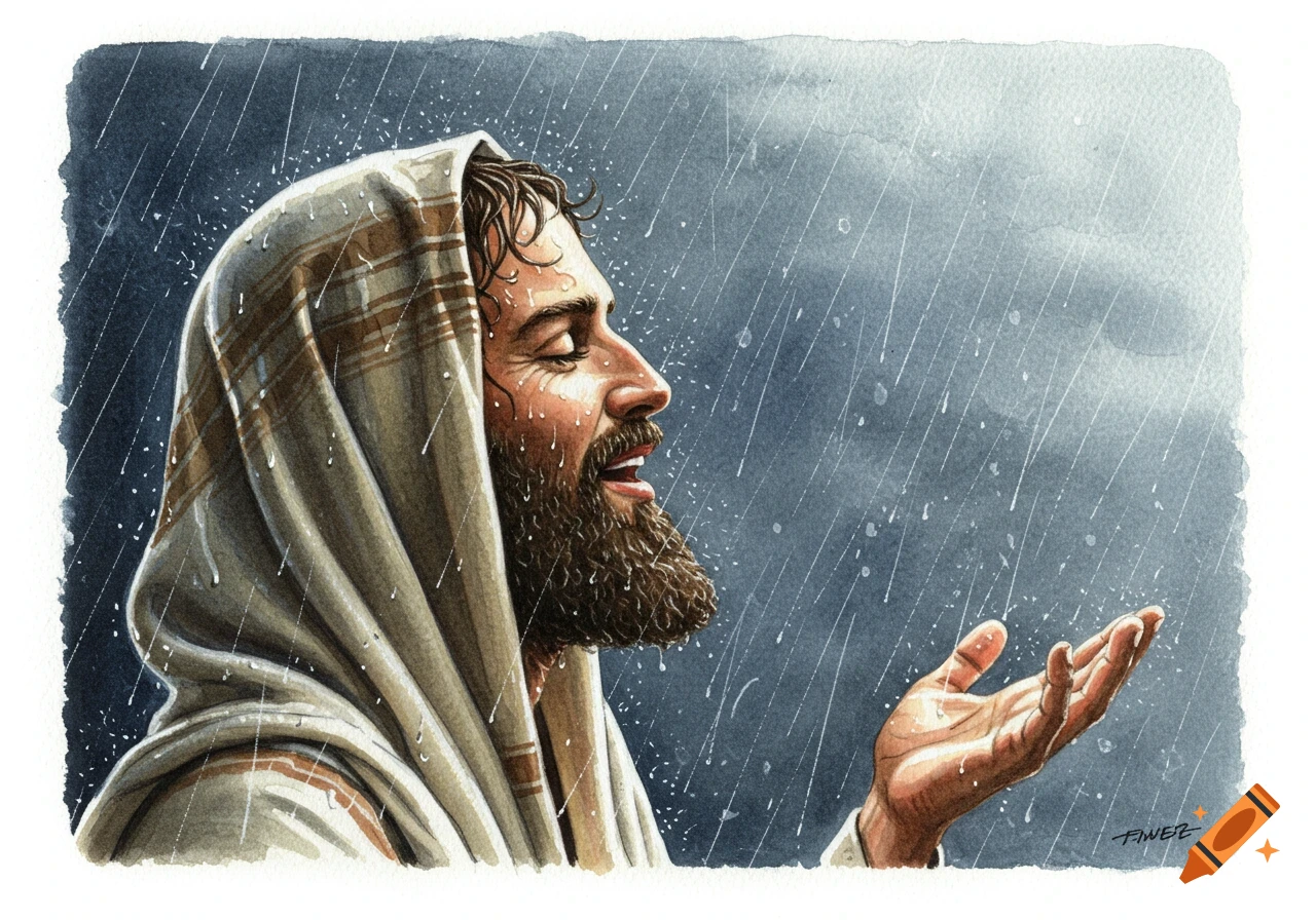 Watercolor illustration of a man resembling Jesus in the rain, looking ...