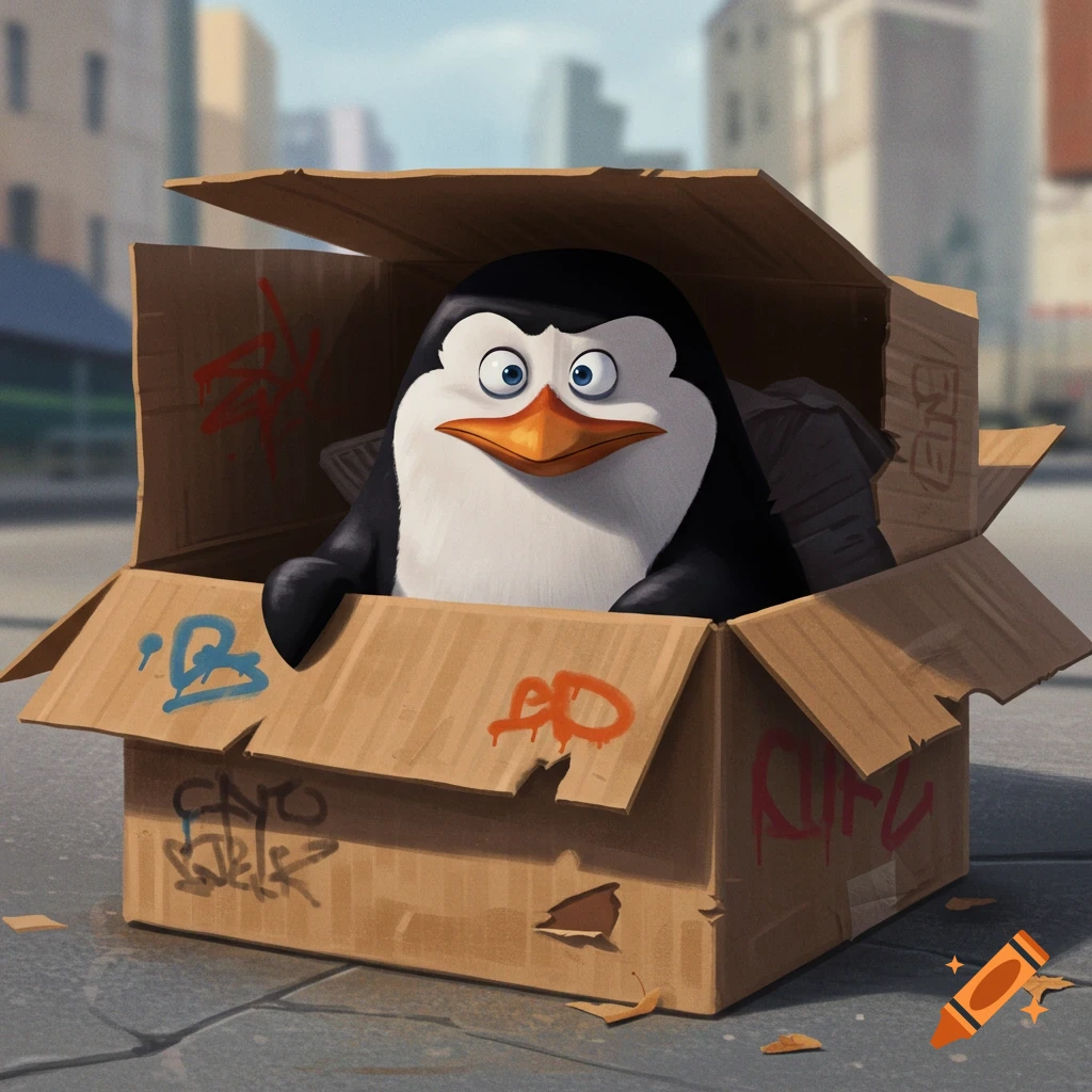 Cartoon penguin in a cardboard box on a city street on Craiyon