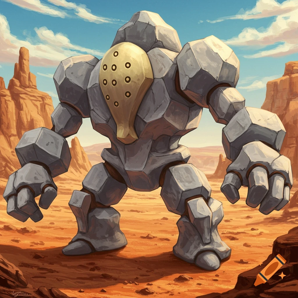 A stone golem Pokemon stands in a desert landscape. on Craiyon