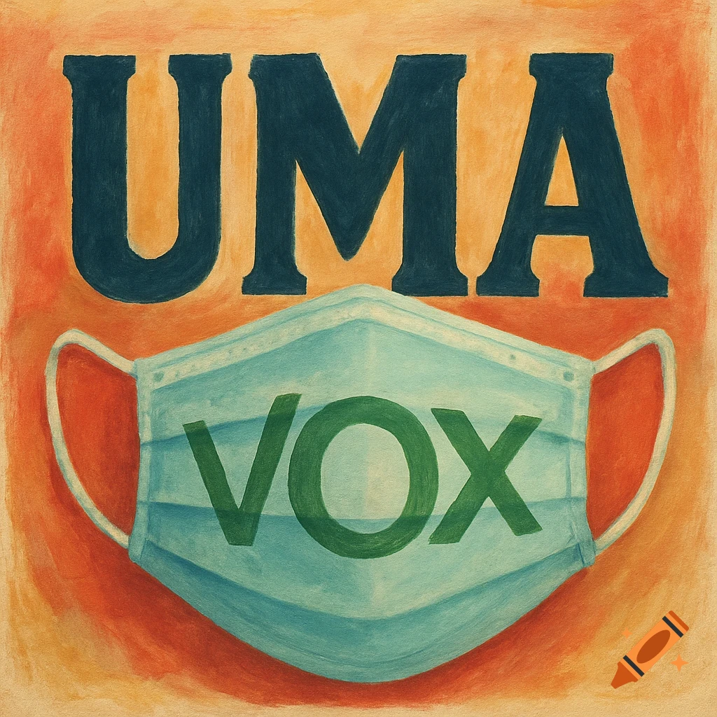 Stylized illustration of the text UMA above a face mask with the text ...