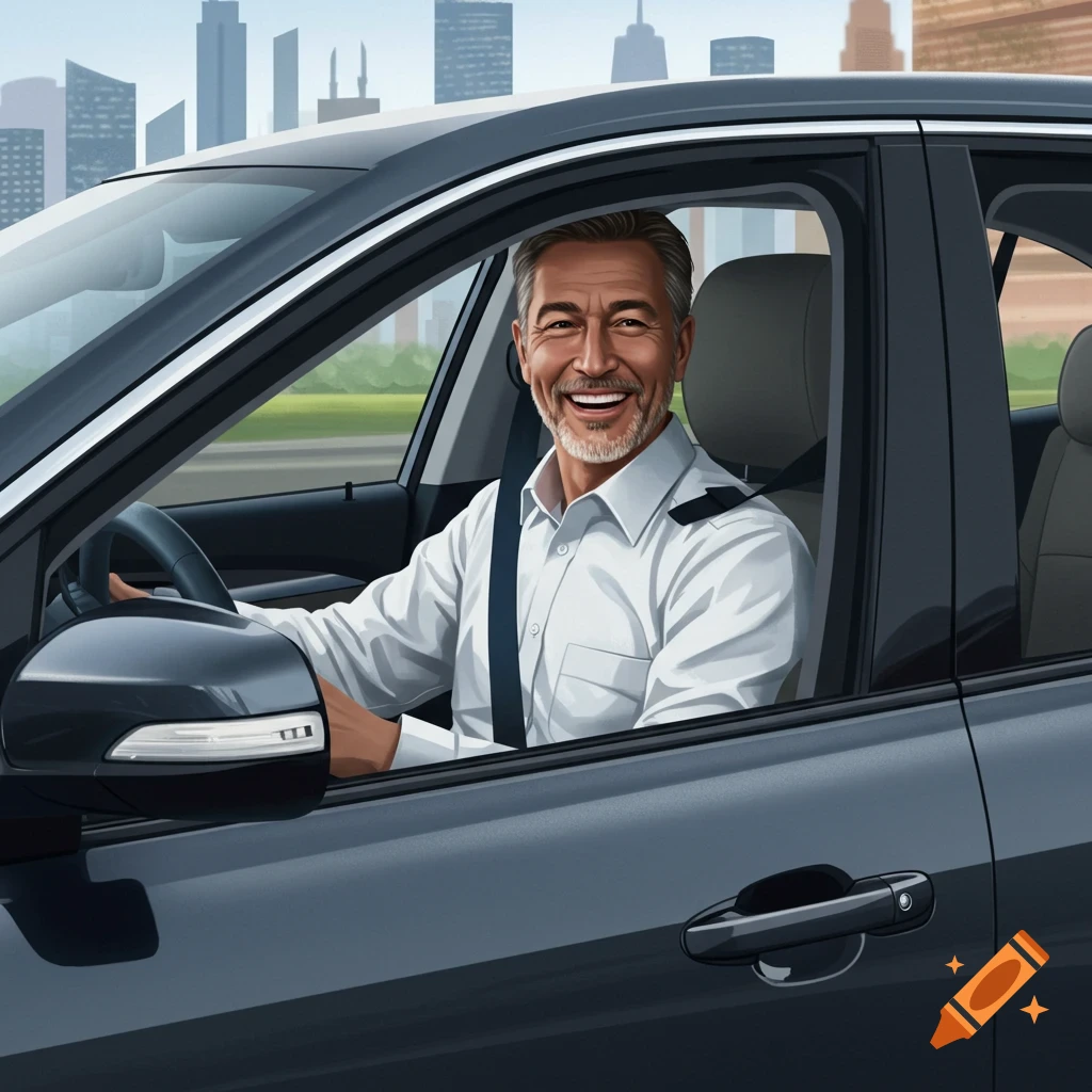 Happy man smiling while driving a car with a city background on Craiyon