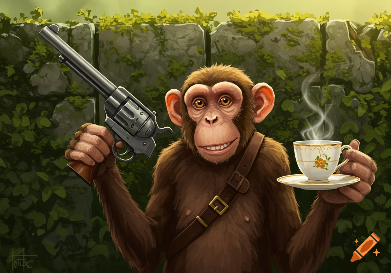 Illustration of a monkey holding a revolver in one hand and a teacup in ...