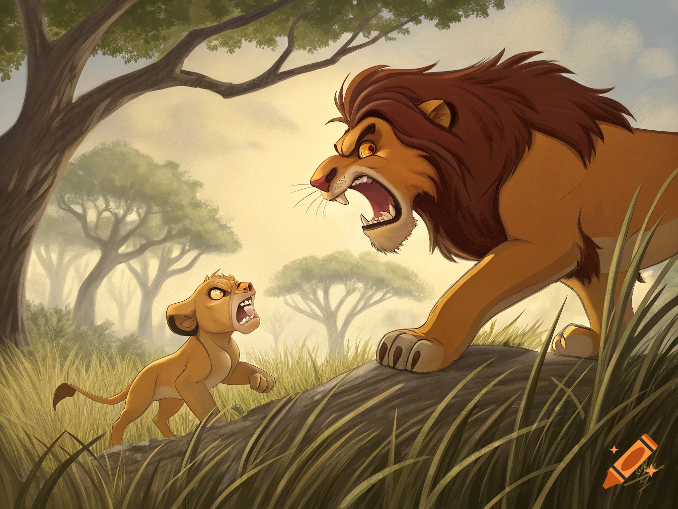 A large lion and a small lion cub roar at each other in a cartoon style ...