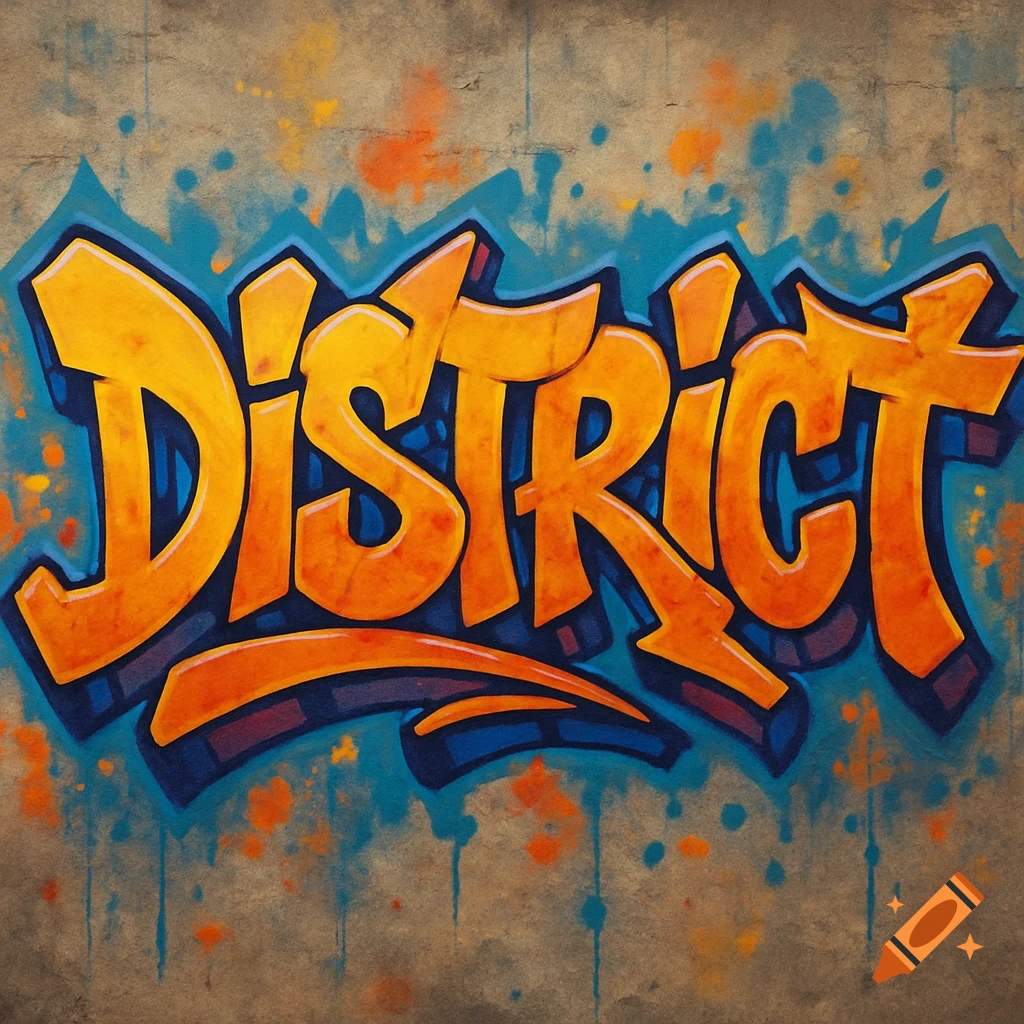 Graffiti art of the word DISTRICT in orange and blue on a concrete wall ...