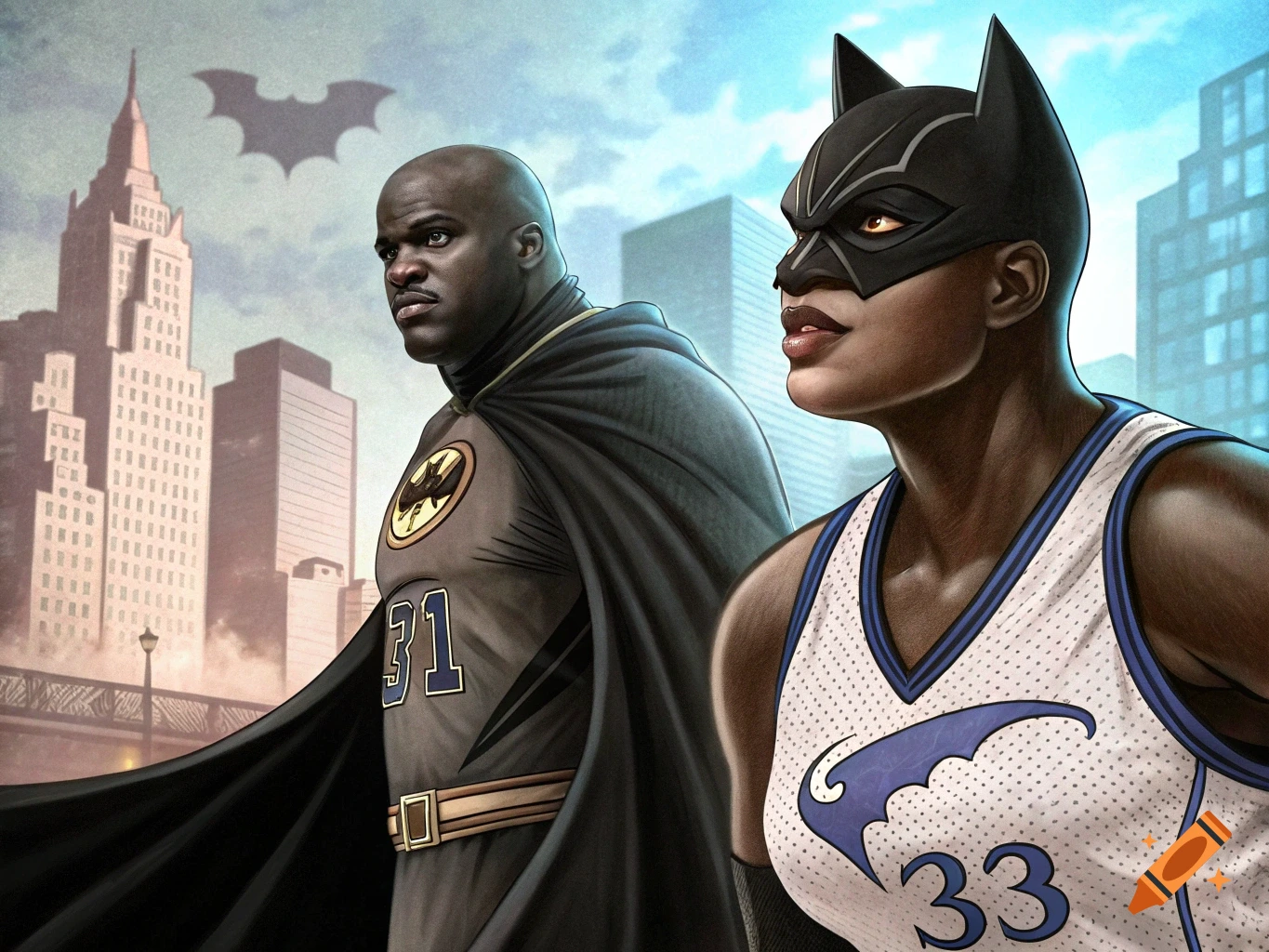 Illustration of Shaquille O'Neal as Batman and a woman as Cat Noir in a ...