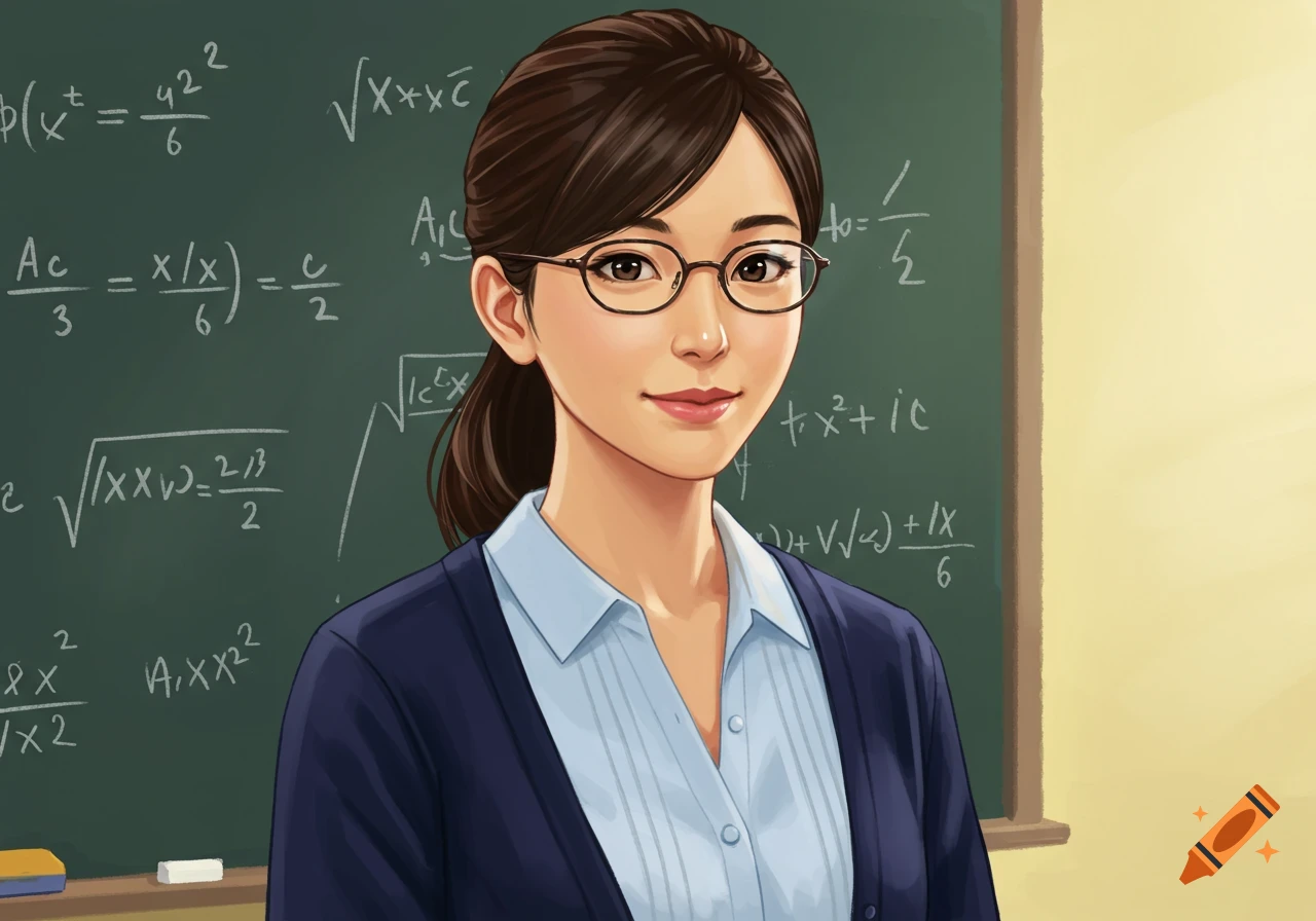 Illustration of a woman math teacher smiling in front of a chalkboard filled with equations. on ...