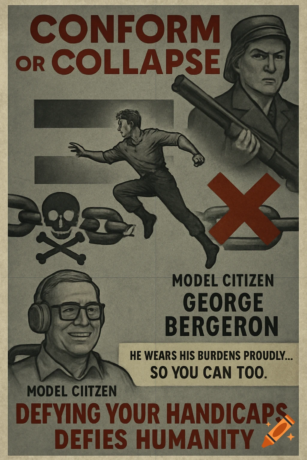 Propaganda poster in vintage drawing style depicts a man running, a ...