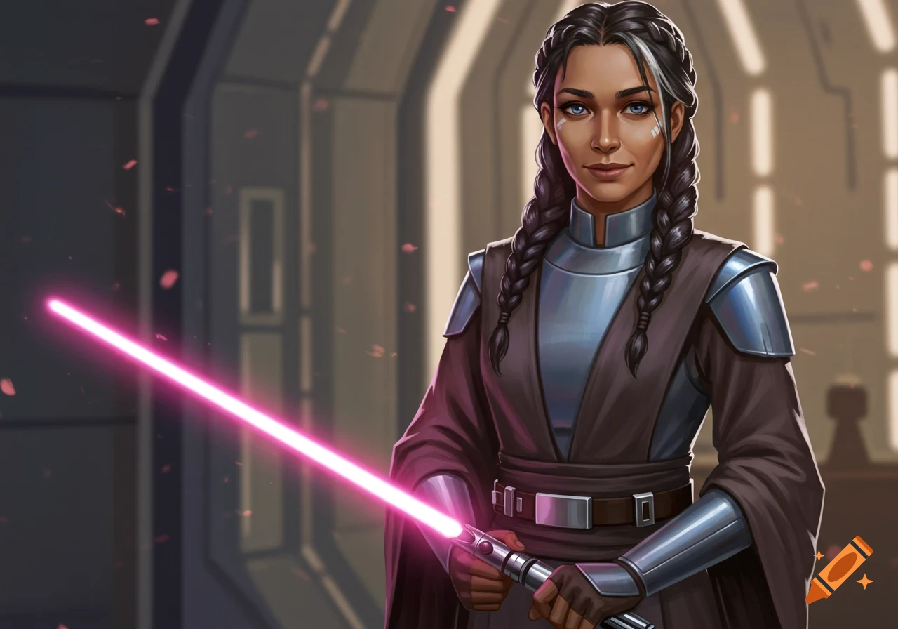A woman in futuristic robes and armor holds a glowing pink lightsaber ...